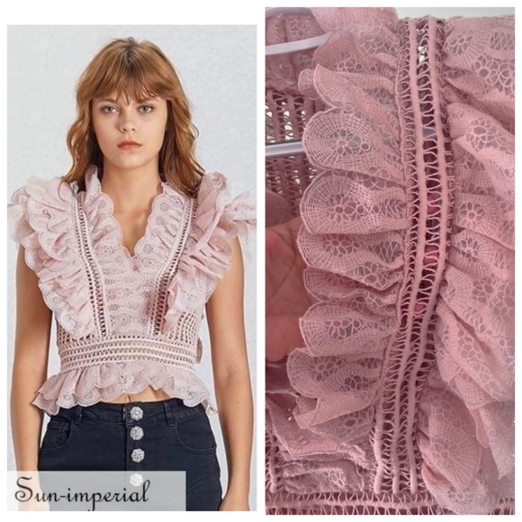 Tops | Nwtt Imperial Top Solid Lace Ruffle Womens V Neck Blouse Back ...